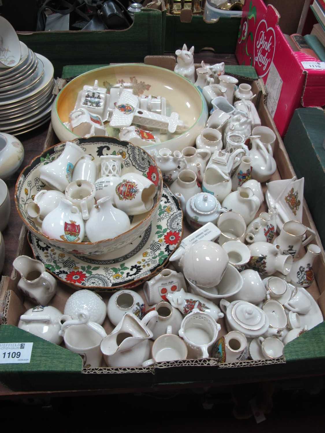 Crested Ware, including Broomsgrove Grenade, Arbroarth pig, Carlton ...