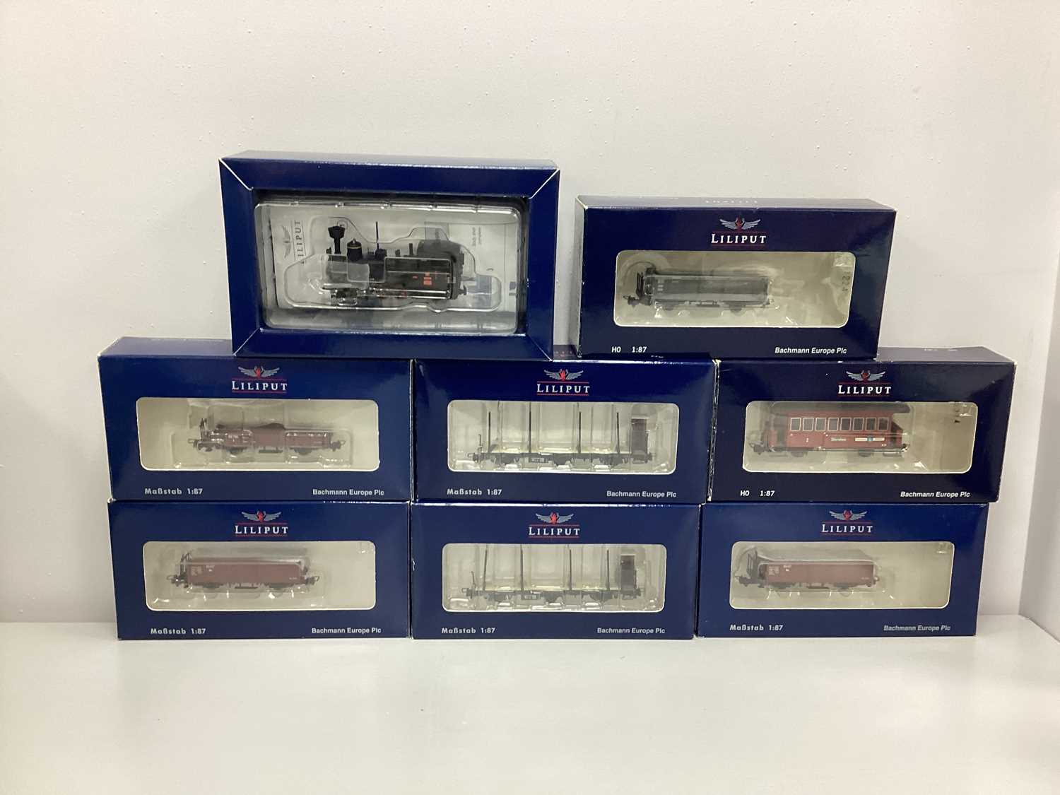 OO9/ HOe gauge by Lilliput including locomotive and seven wagons, boxed ...