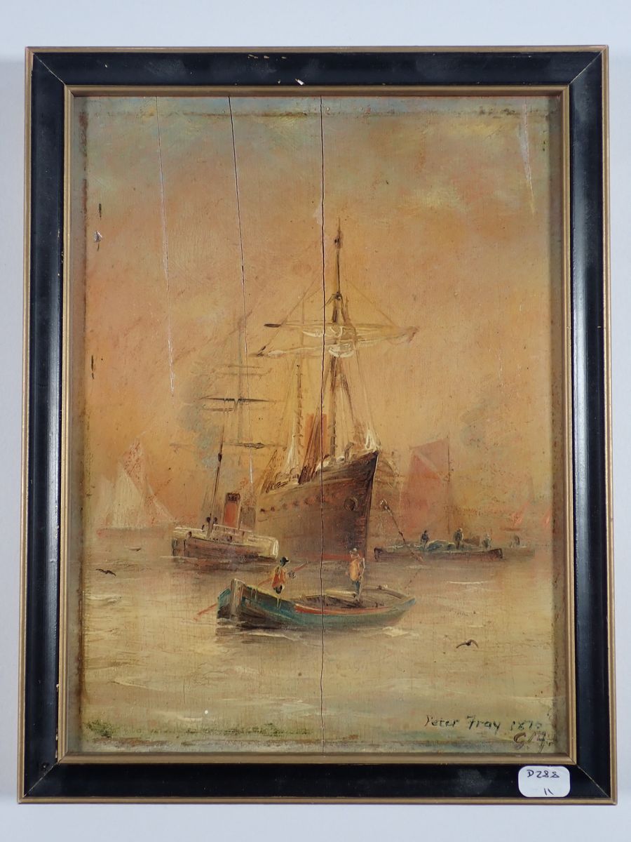 Peter Fray - oil on board harbour scene with sailing ship and smaller ...