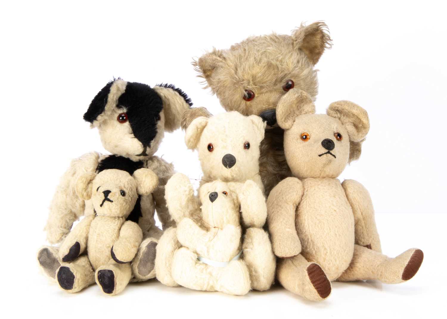 Six vintage teddy bears, including a 1950s Polar bear and cub, a Panda ...