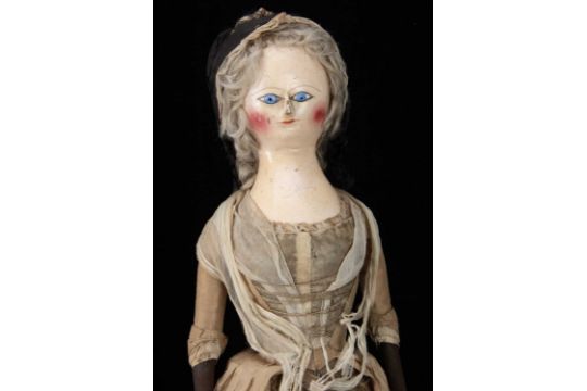 A rare and fine 1780s English wooden doll, turned and carved wooden ...