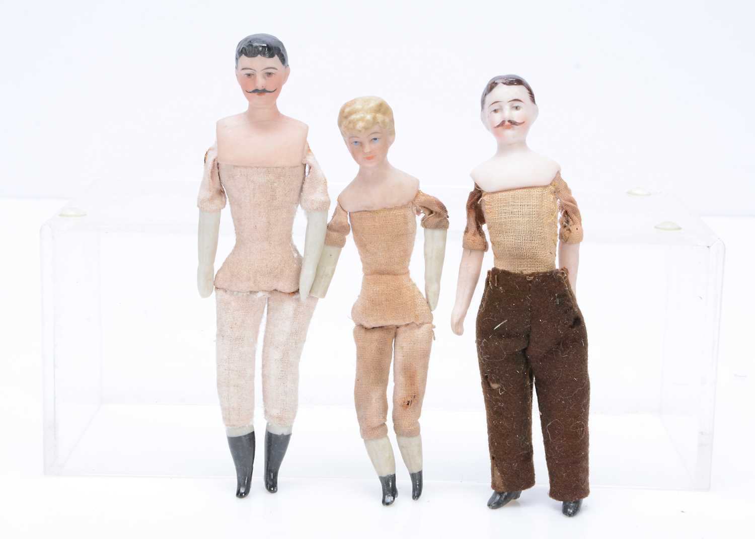 Three German bisque shoulder head dolls' house dolls, two gentlemen ...