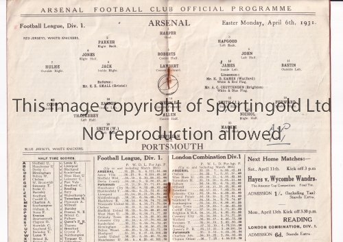 ARSENAL Programme for the home League match v Portsmouth 6/4/1931 ...
