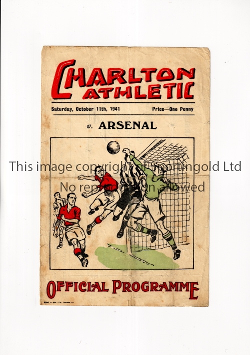 ARSENAL Single sheet programme for the away FL South match v Charlton ...