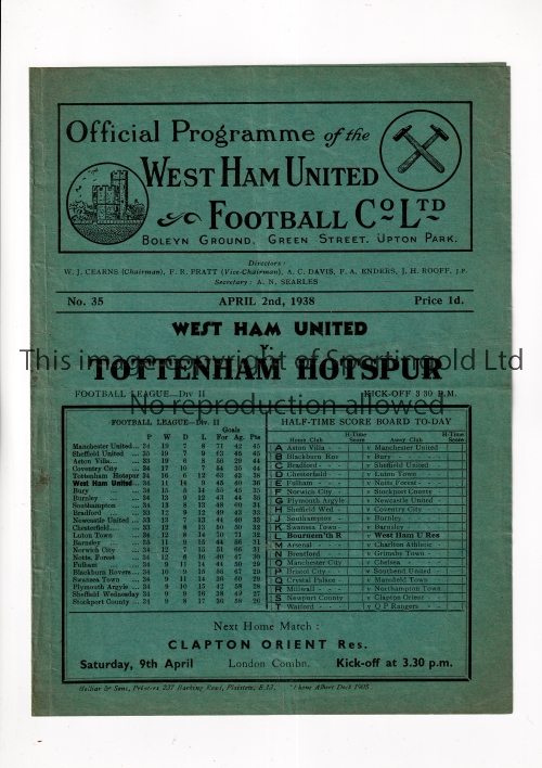 TOTTENHAM HOTSPUR Programme for the away League match West Ham United 2 ...