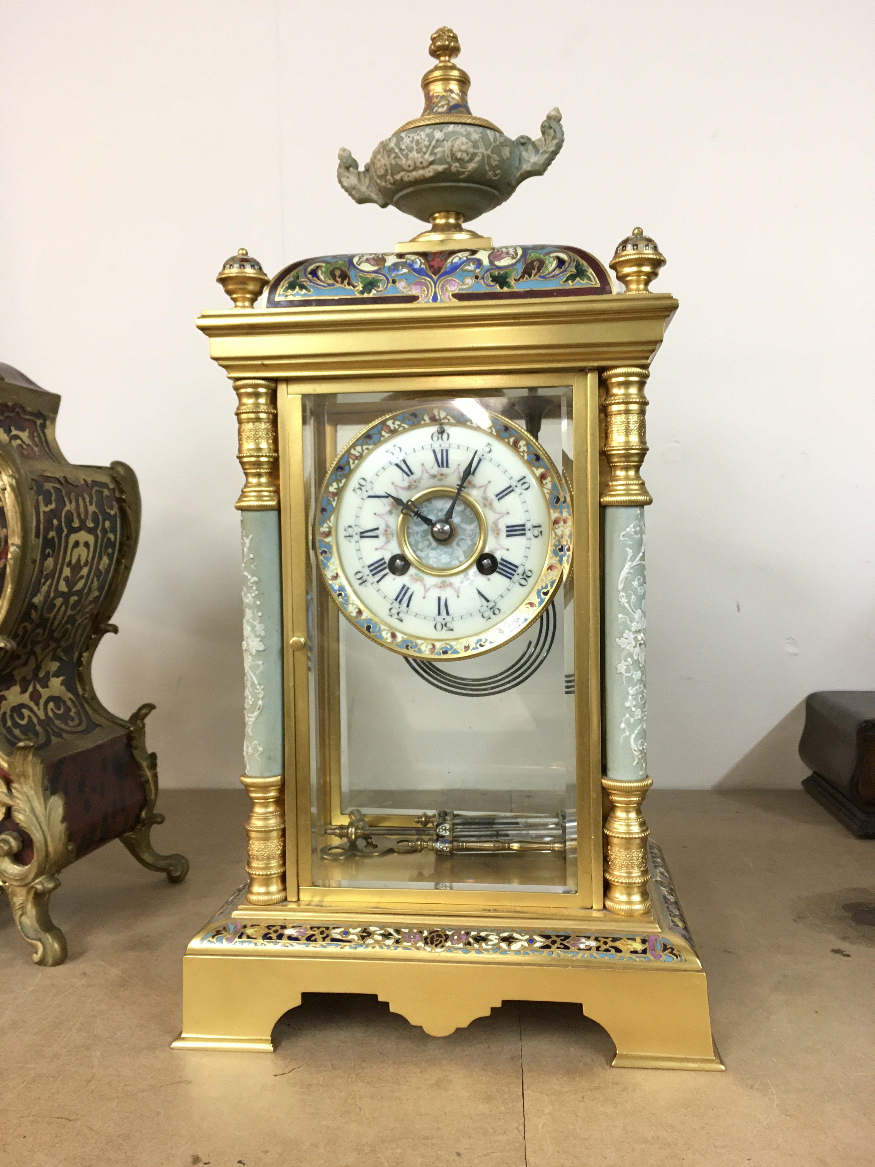 A french 19th century 4 glass guilt mantle clock with enamel inlay and ...