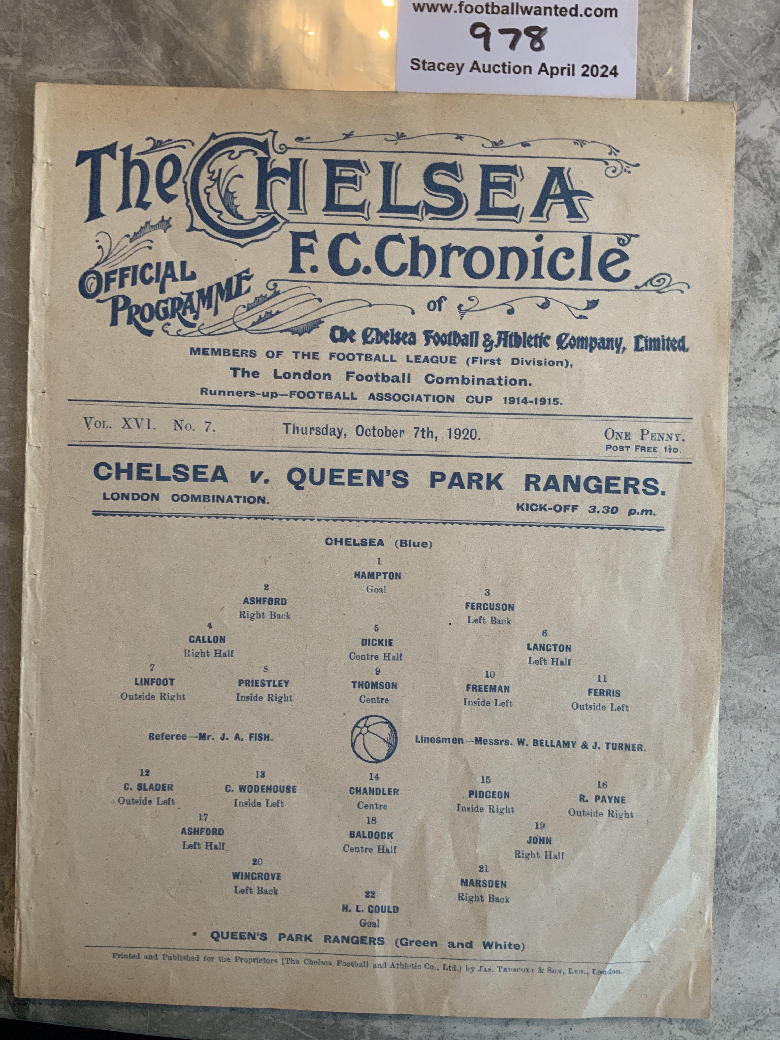 1920 - 1921 Chelsea Reserves v QPR Football Programme: London ...