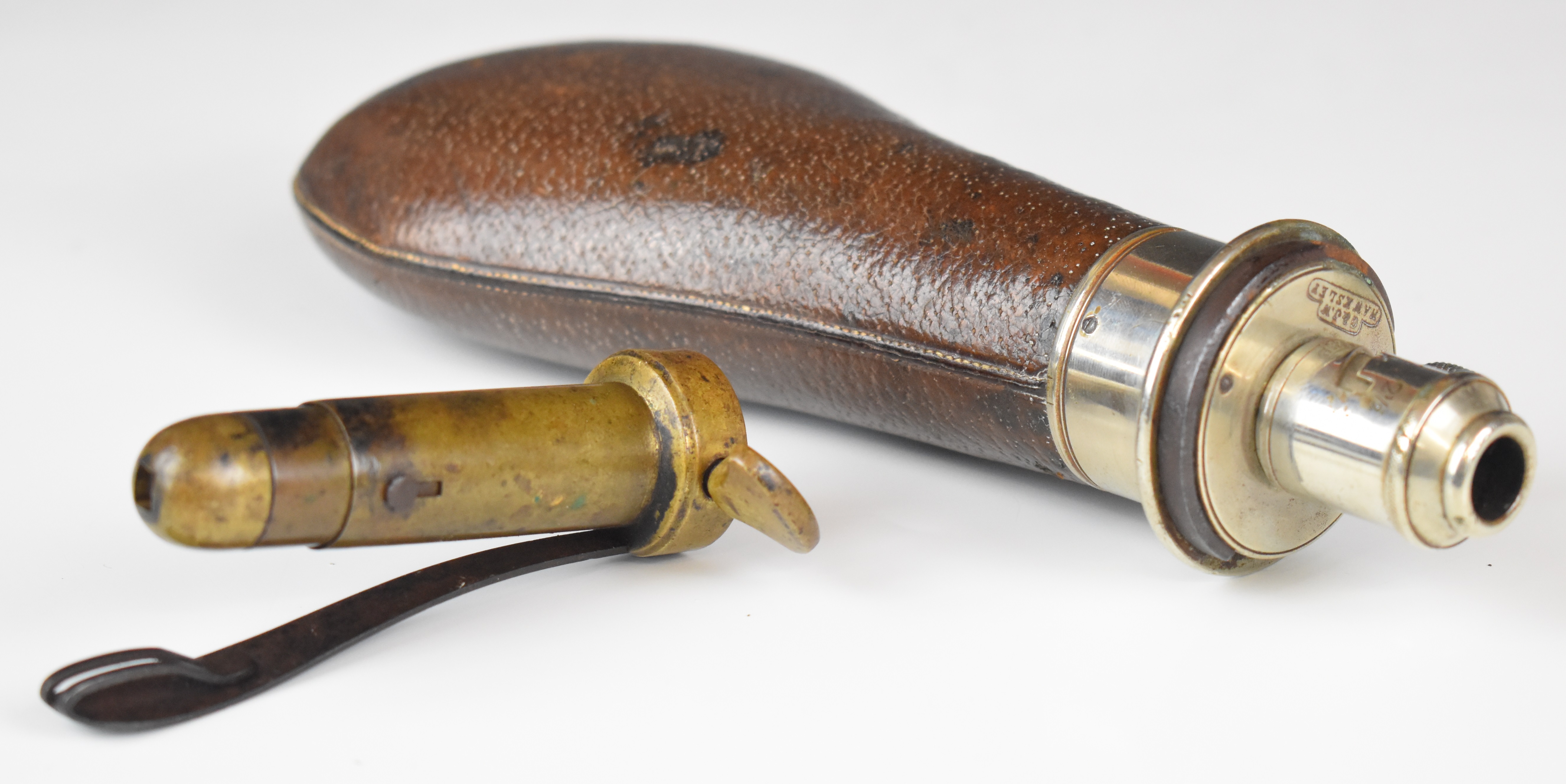 G & J W Hawksley powder flask with leather covered body and a James ...