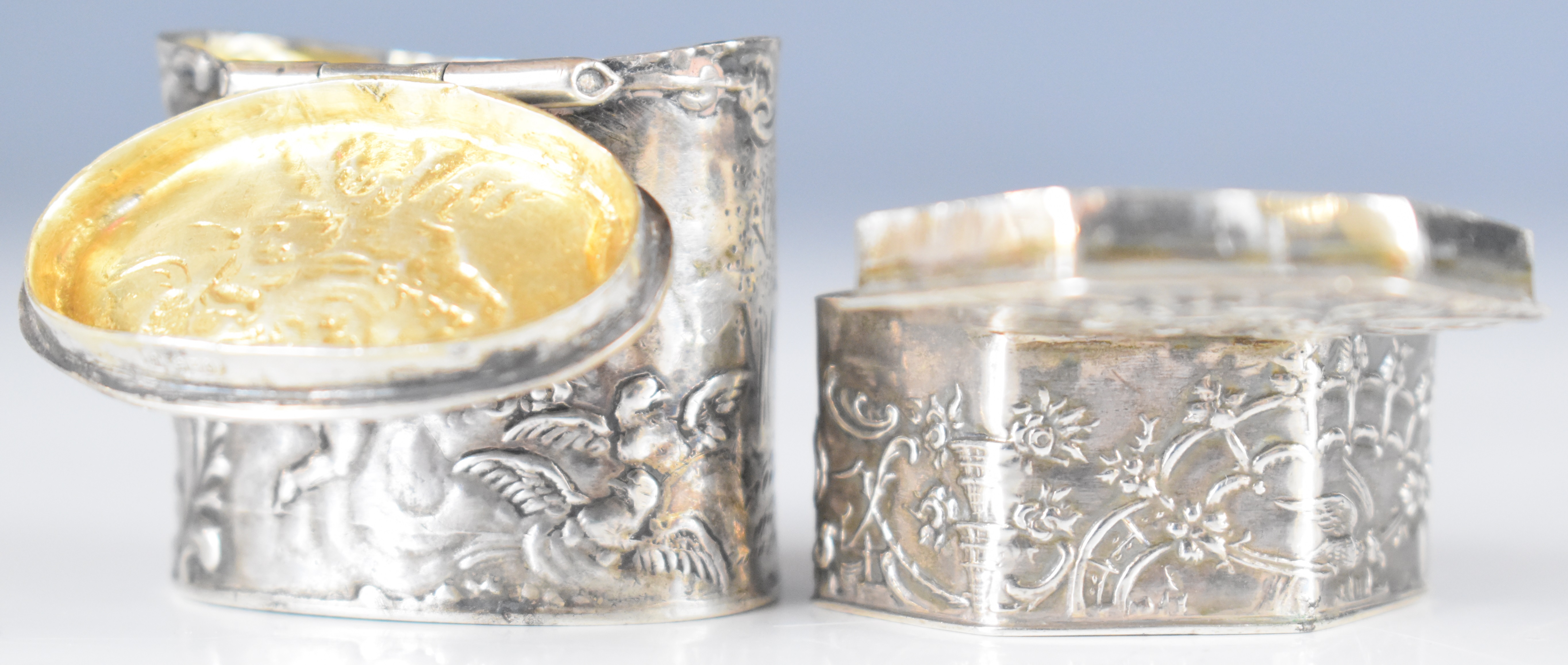 Two Dutch silver trinket or similar boxes with embossed decoration ...