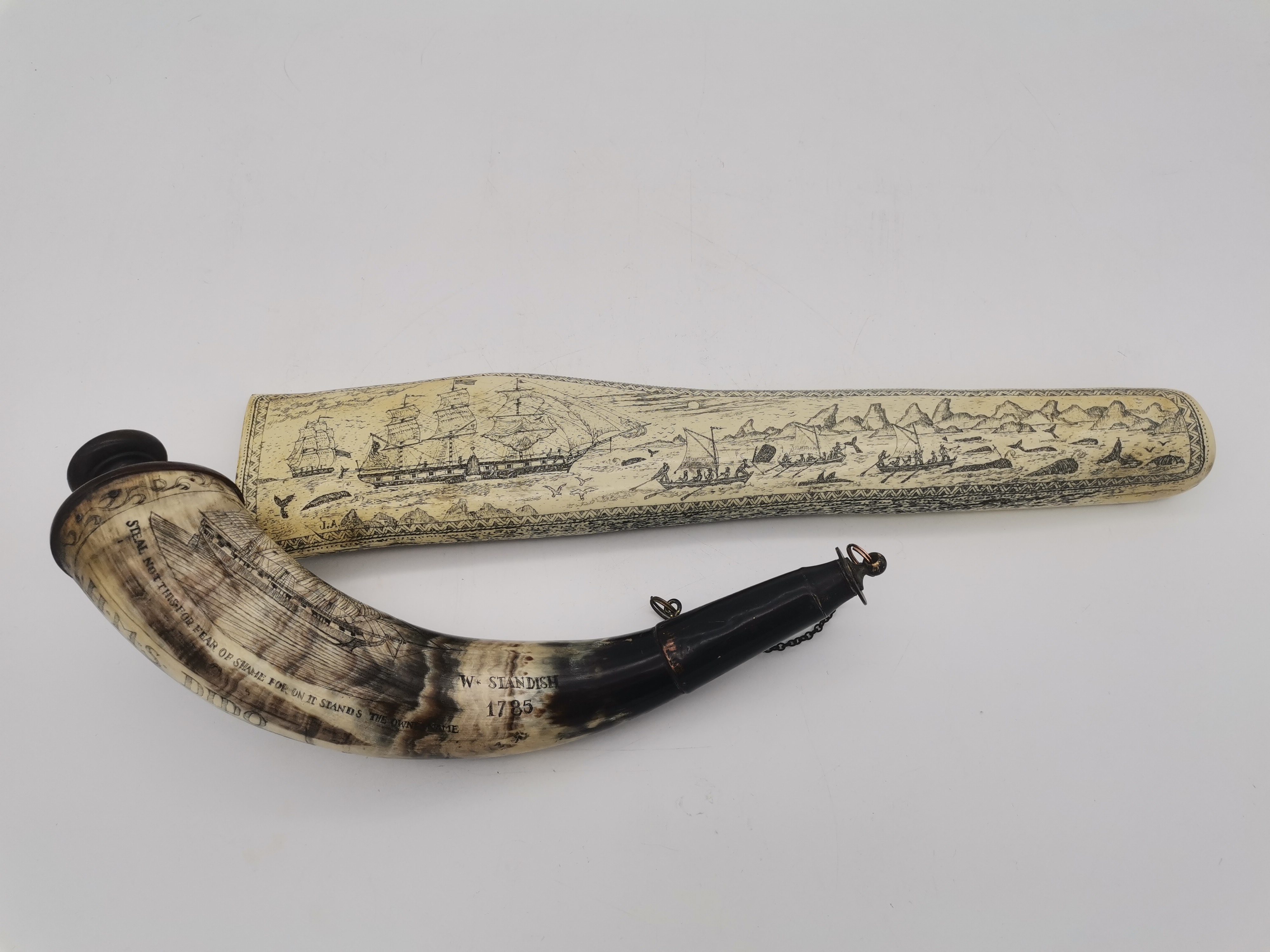 Cow horn powder horn engraved with HMS Dido, signed W.Standish 1785 ...