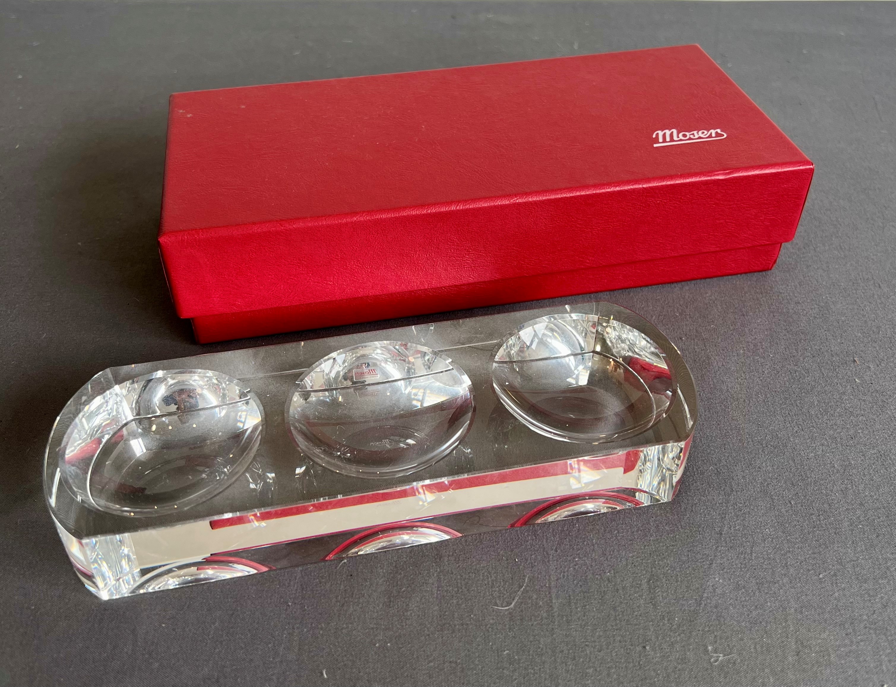 A boxed Moser crystal glass desk tidy - oblong form with rounded ends ...