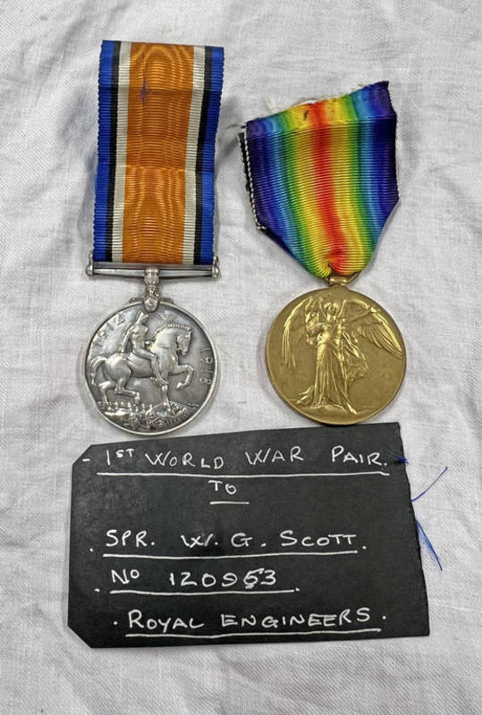 WW1 PAIR OF MEDALS TO 120953 SPR W G SCOTT ROYAL ENGINEERS, VICTORY ...