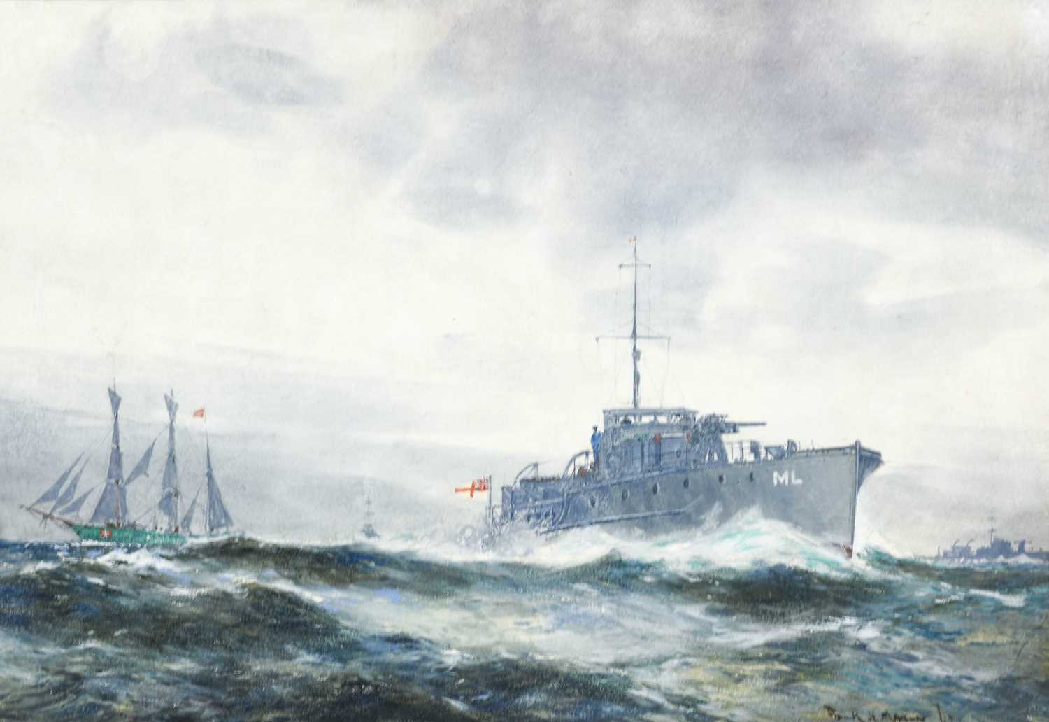 Frank Henry Mason RBA, RI, RSMA (1875-1965)Seascape with warship in ...