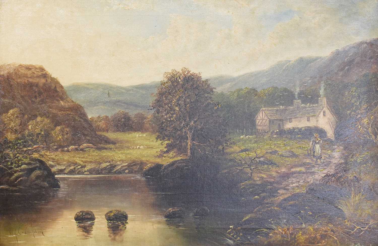 William J. Crampton (1855-1935) Village scene with mill and mountainous ...