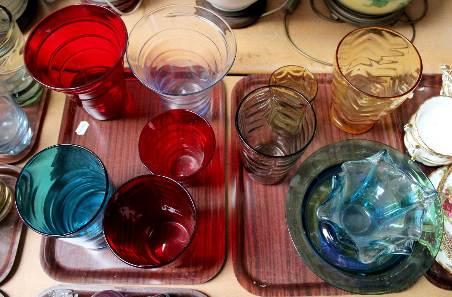 Various Whitefriars Glass Including, two ruby ''Swirl'' flared vases ...