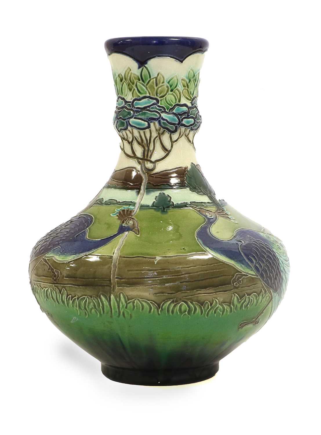 A Burmantofts Faience Pottery Vase, shape No.2202, decorated with two ...