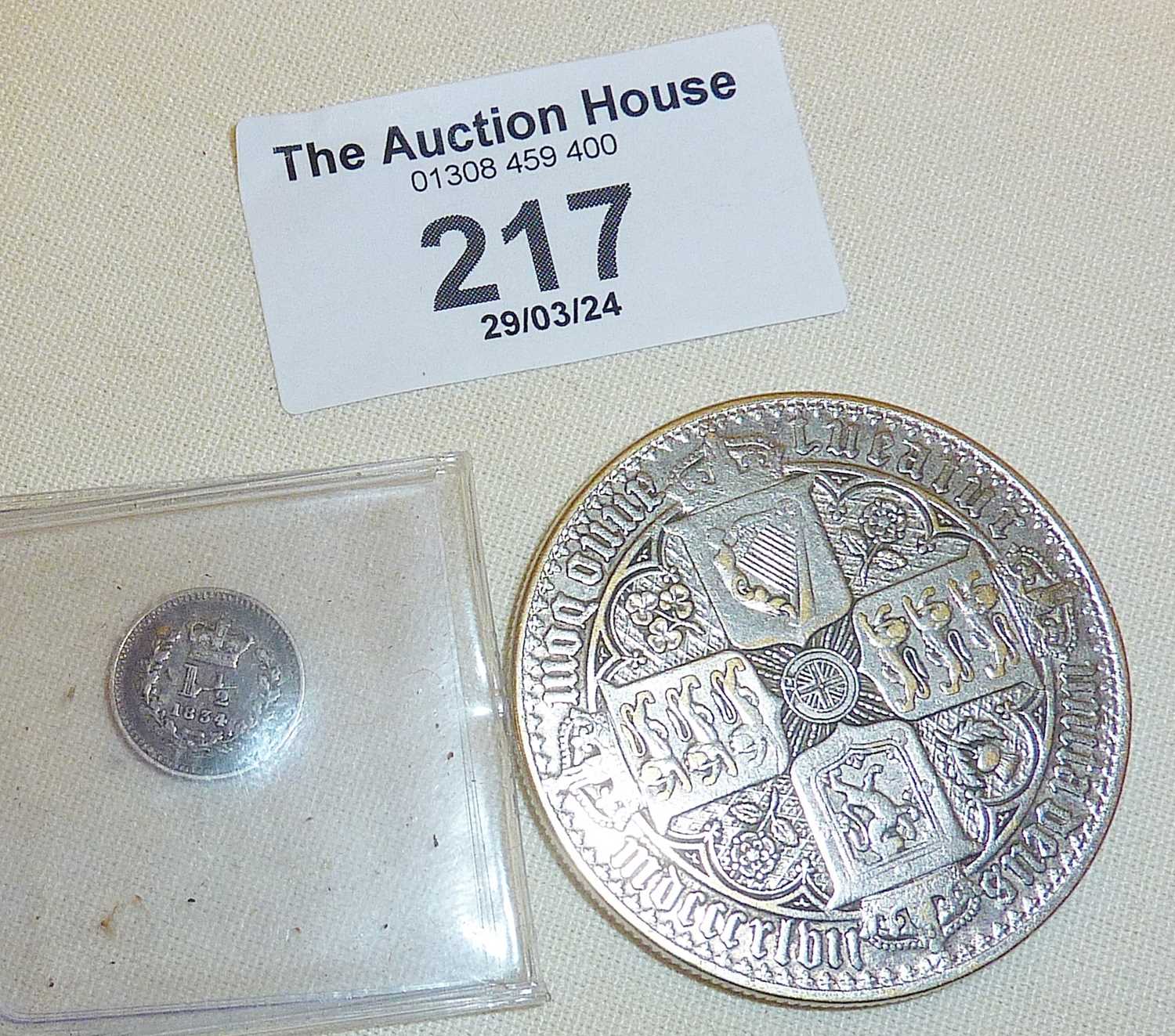 William IV 1834 one and half pence silver coin, and a Queen Victoria crown