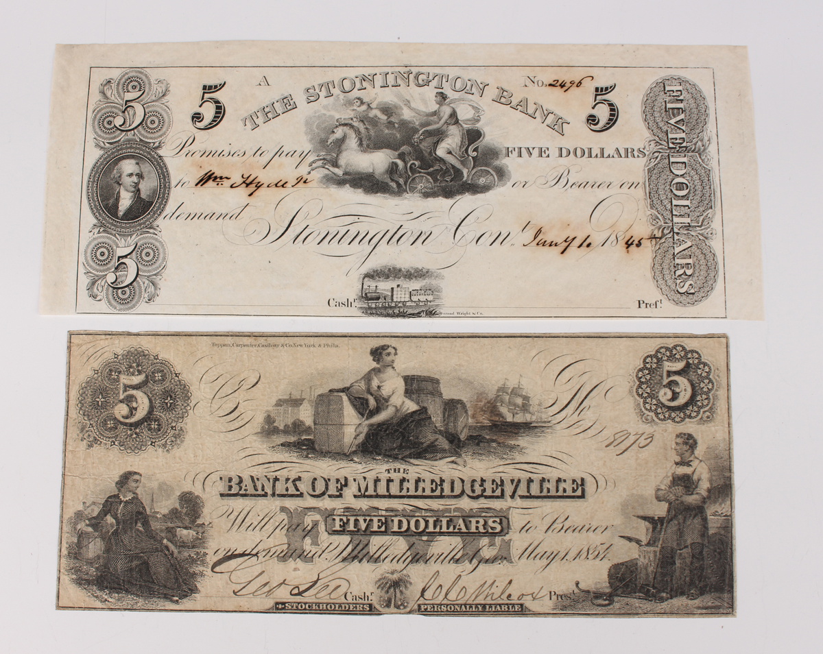 A USA Stonington Bank five dollars note, dated January 1845 ...