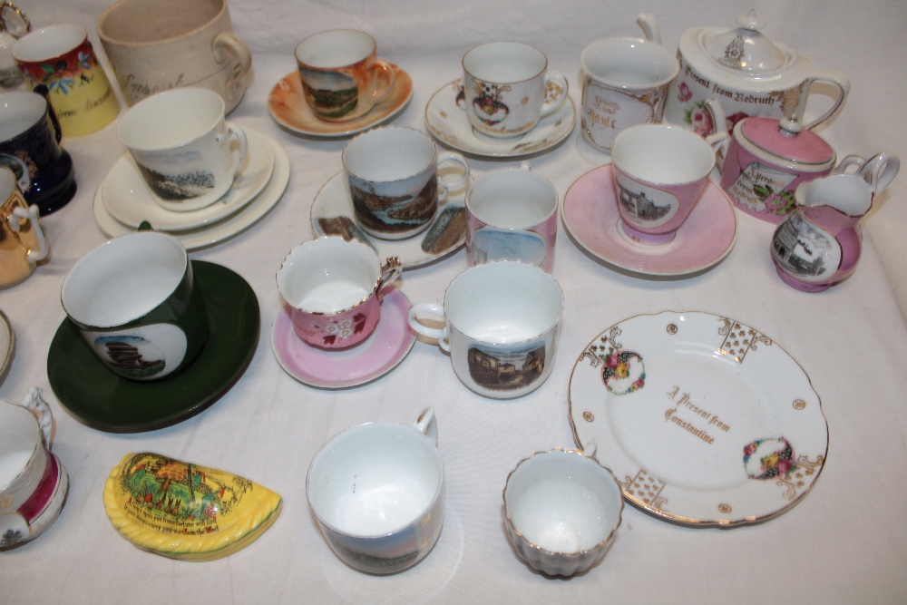 A large selection of Cornish souvenir china including Redruth tea pot ...