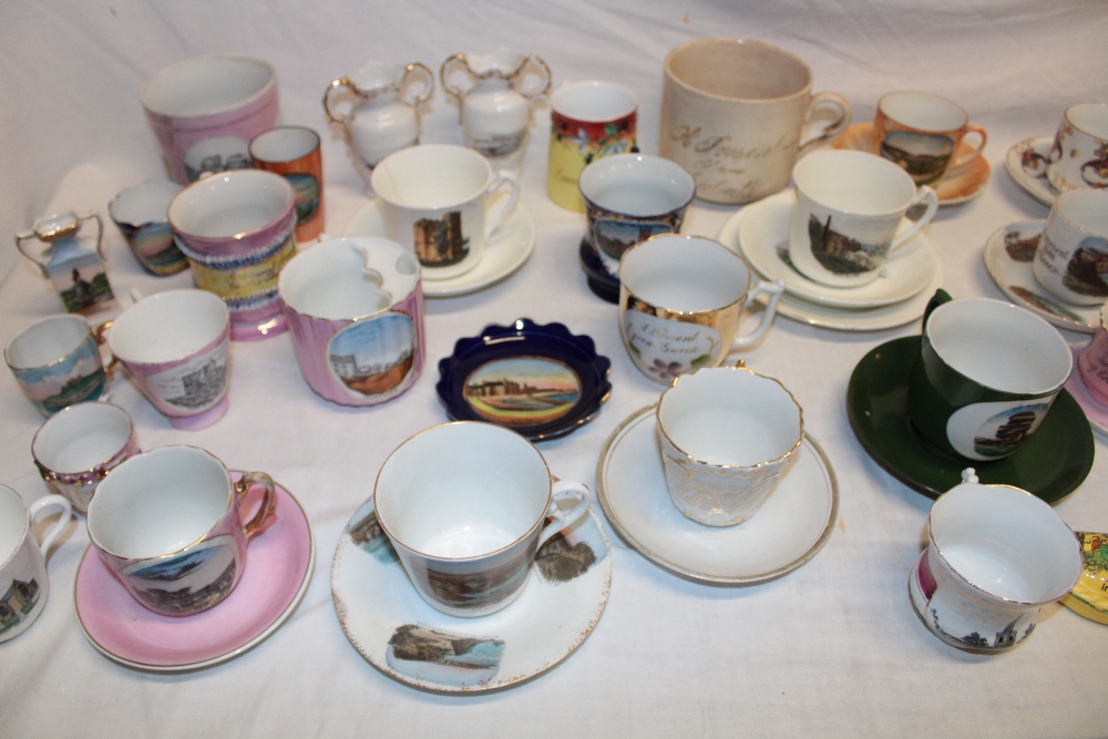 A large selection of Cornish souvenir china including Redruth tea pot ...