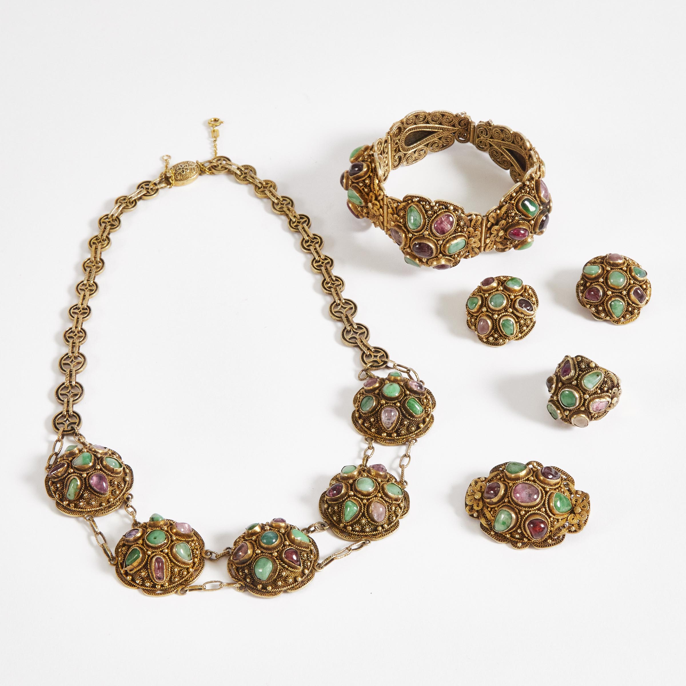 A Set of Six Chinese Gilt Silver Filigree Jewellery Pieces with Jadeite ...