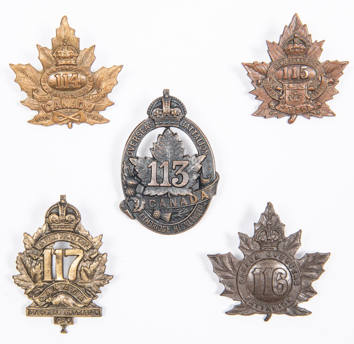 5 WWI CEF Infantry cap badges: 113th; 114th by Ellis & Co, 1916; 115th ...