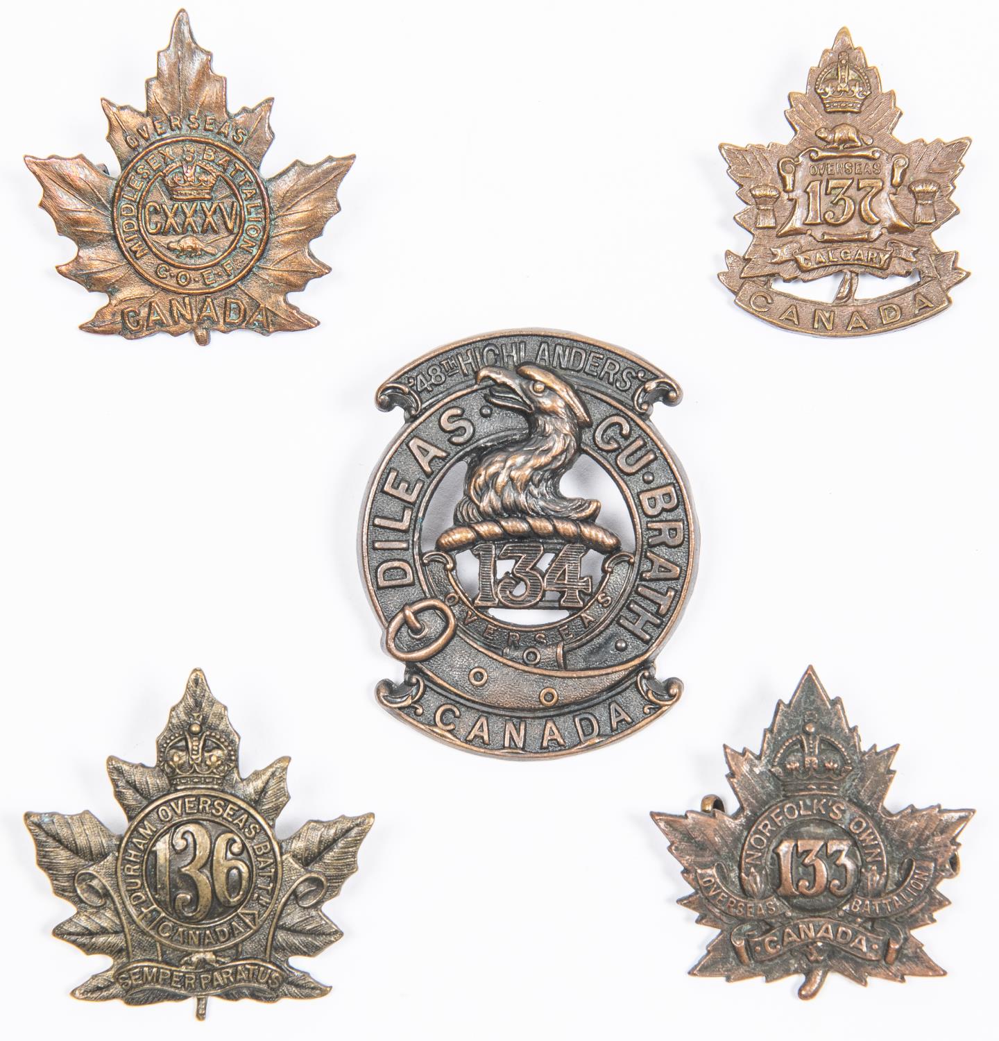 5 WWI CEF cap badges: 133rd; 134th; 135th by Ellis; 136th; and 137th ...