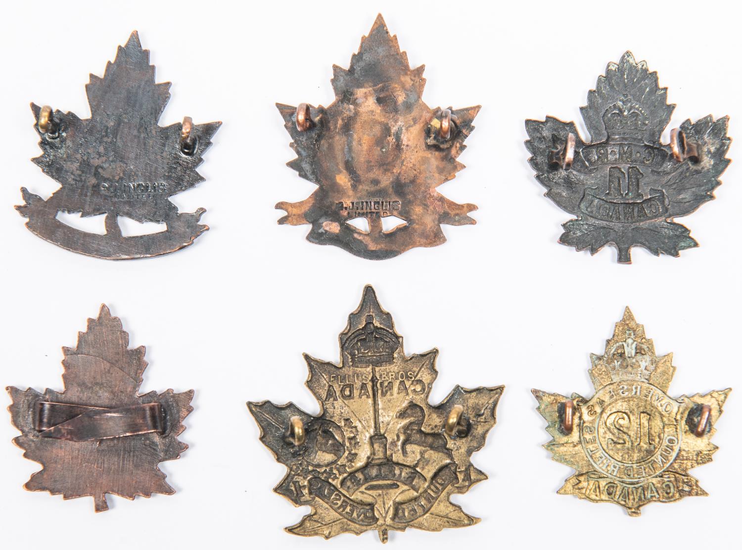 6 WWI CEF cap badges: 2nd Mounted Rifles Brigade by Inglis; 10 Mtd ...