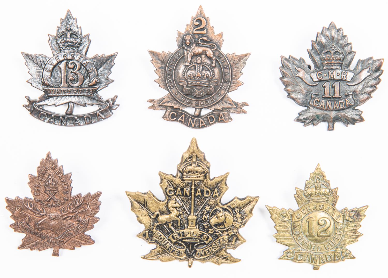 6 WWI CEF cap badges: 2nd Mounted Rifles Brigade by Inglis; 10 Mtd ...