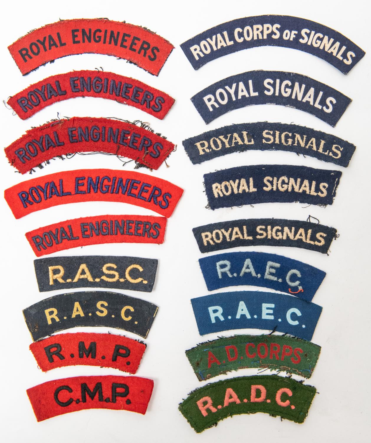 18 British WWII cloth shoulder titles, including: Engineers, Signals ...