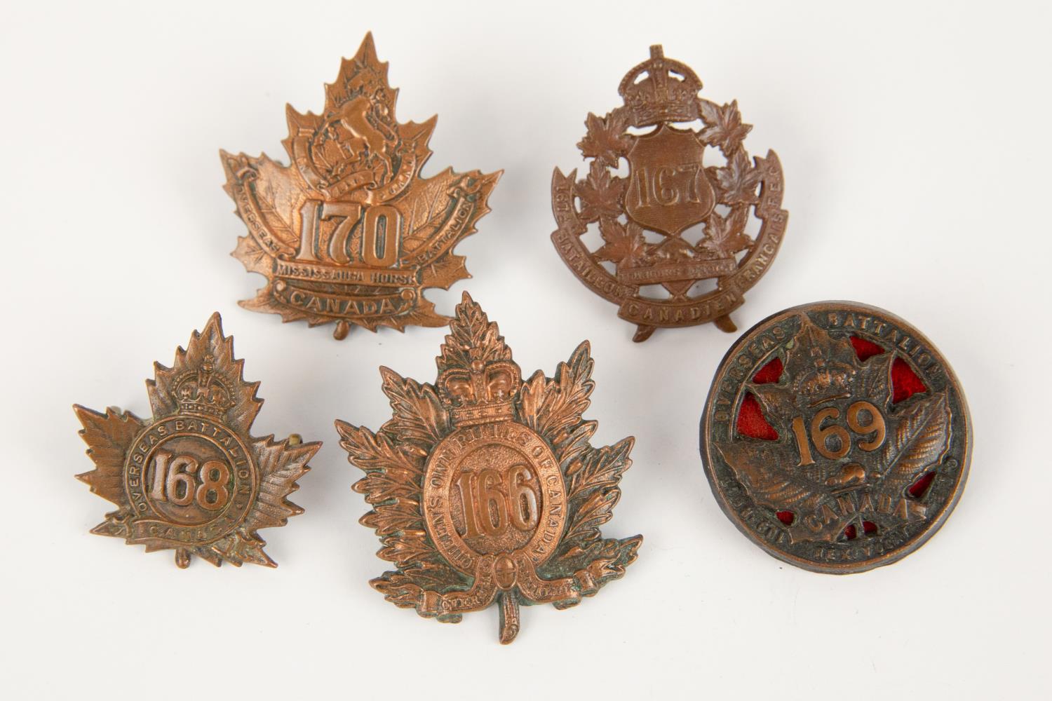 5 WWI CEF Infantry cap badges: 166th, 167th by Caron, 168th, 169th, and ...