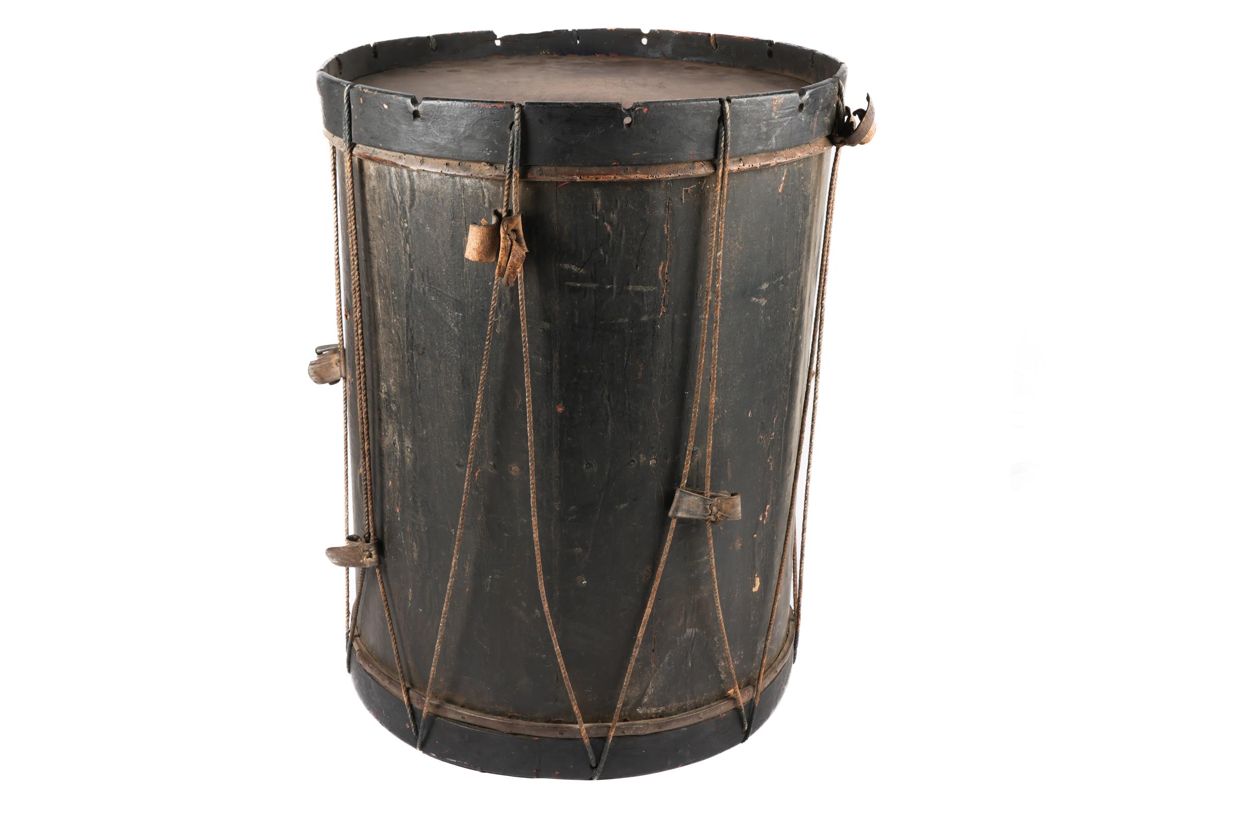 A fine early tall side drum, possibly 17th century, black painted wood ...
