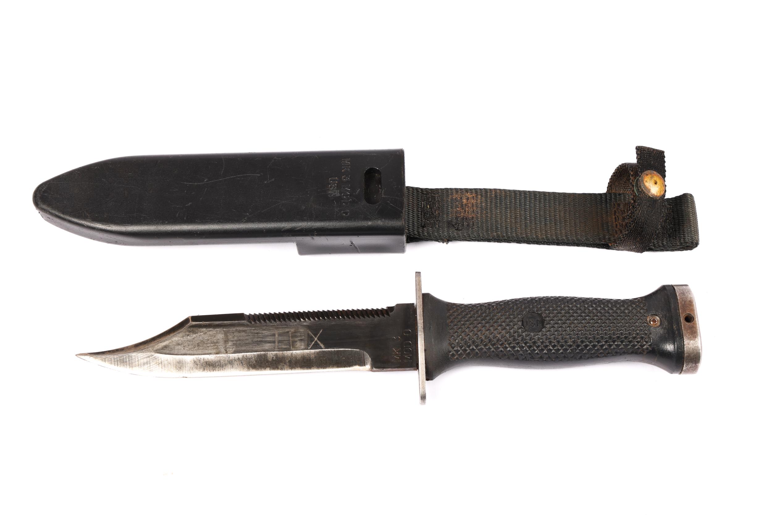 A US Navy Mk 3 Mod O diver's knife, the rasp back blade numbered "2V376 ...