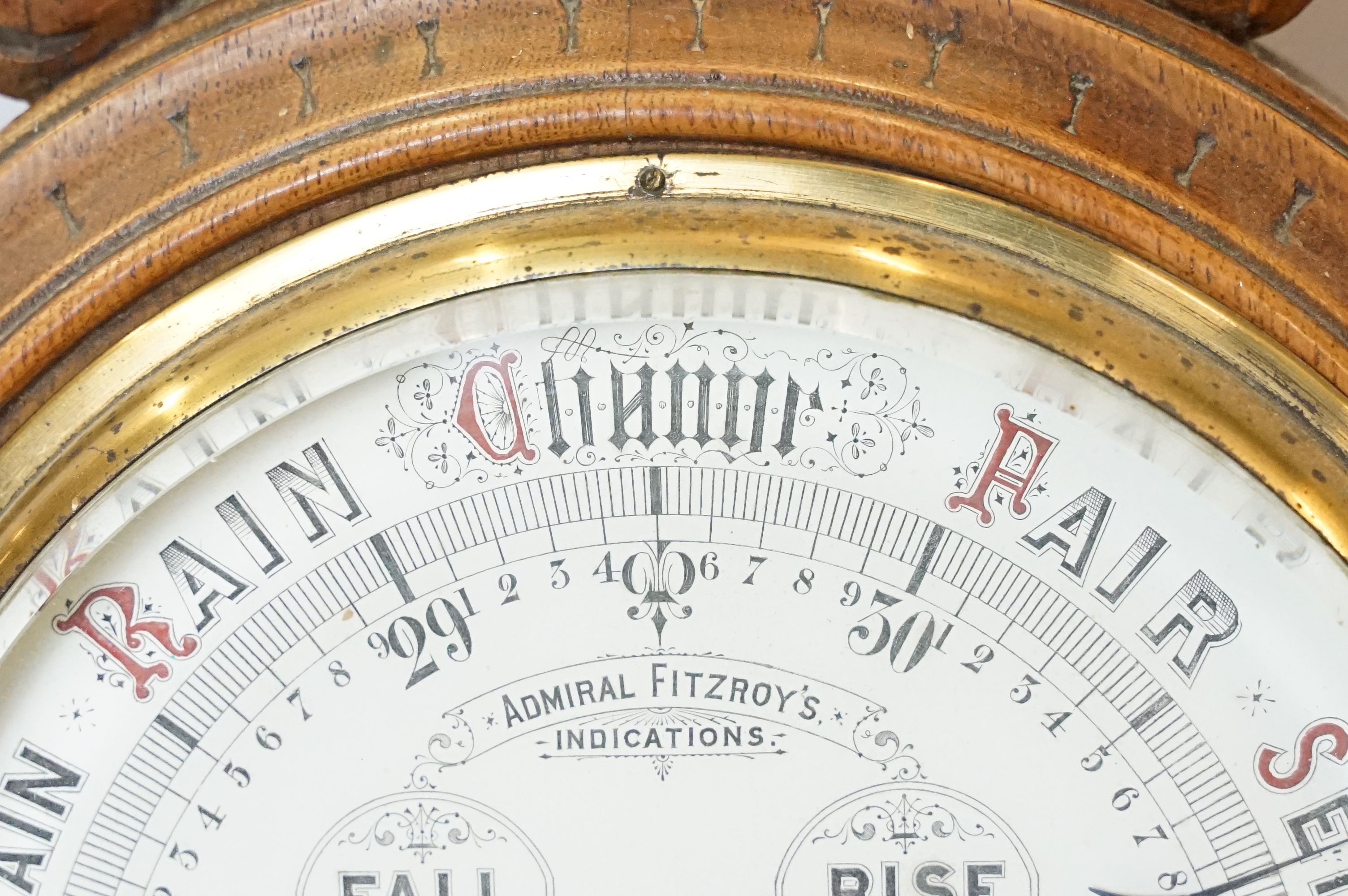 Admiral Fitzroy's Indications carved oak barometer with thermometer ...