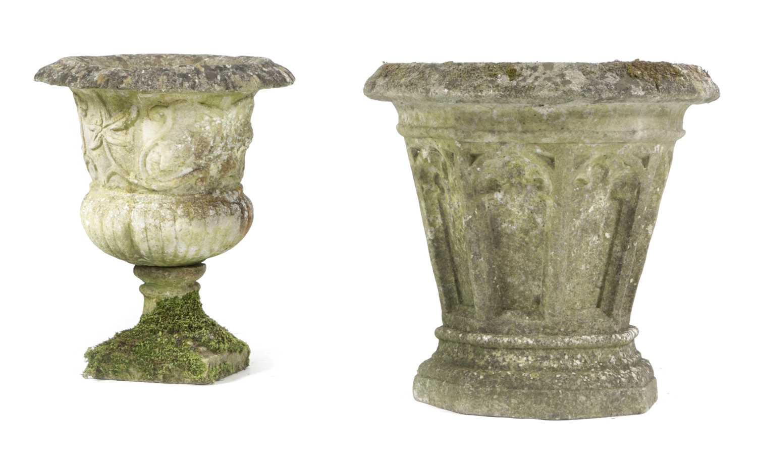 A GOTHIC STYLE CAST STONE GARDEN URN 20TH CENTURYof flaring octagonal ...