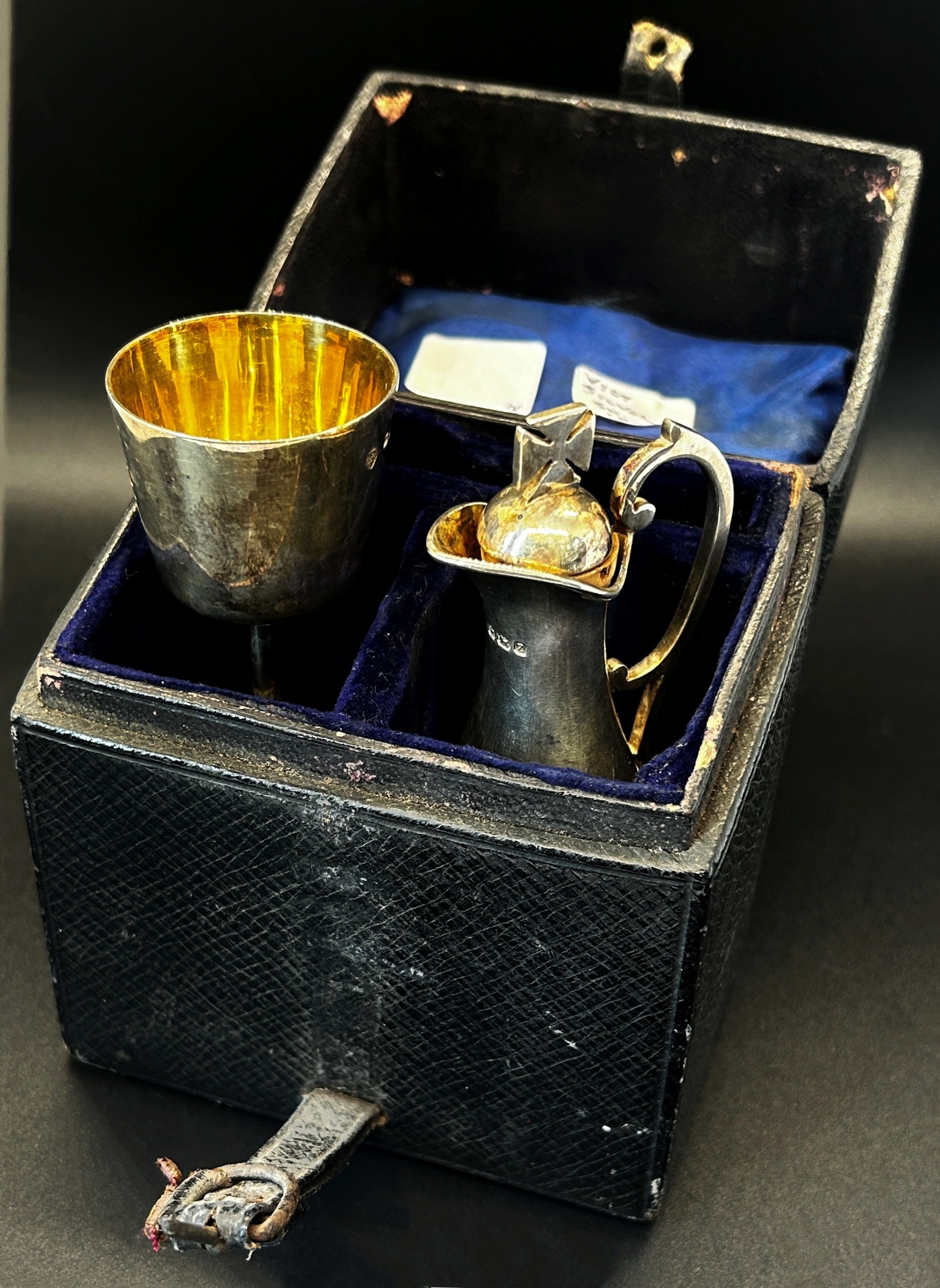 A military chaplains silver travelling communion set of a small tray ...