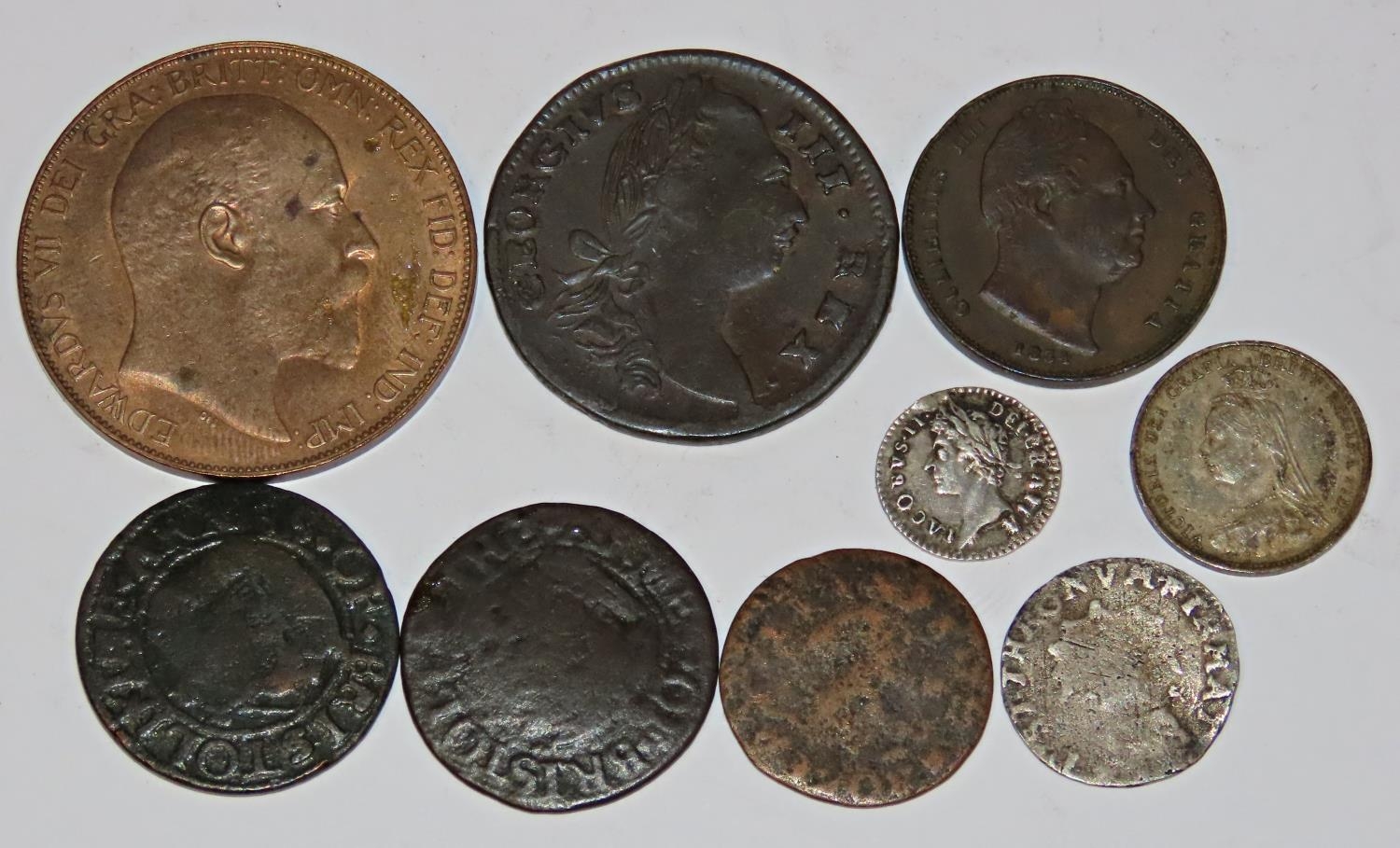 James II 1685-88 Maundy penny, 1686, 17th century trade tokens, etc (8 ...