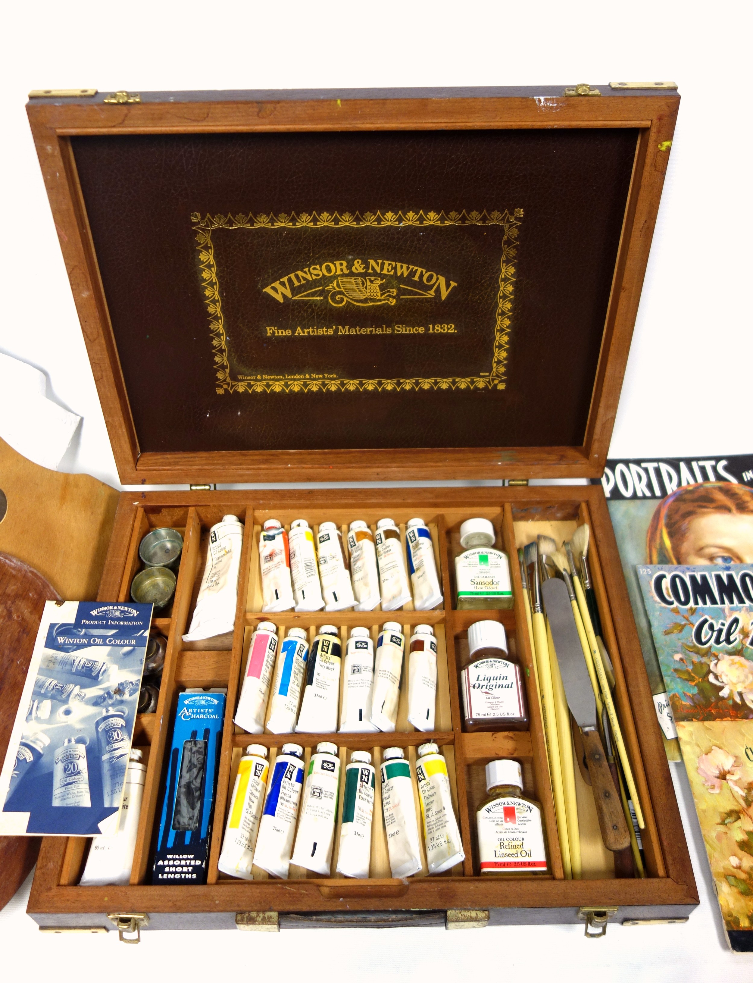 Windsor and Newton brass bound wooden artists paint and materials box ...