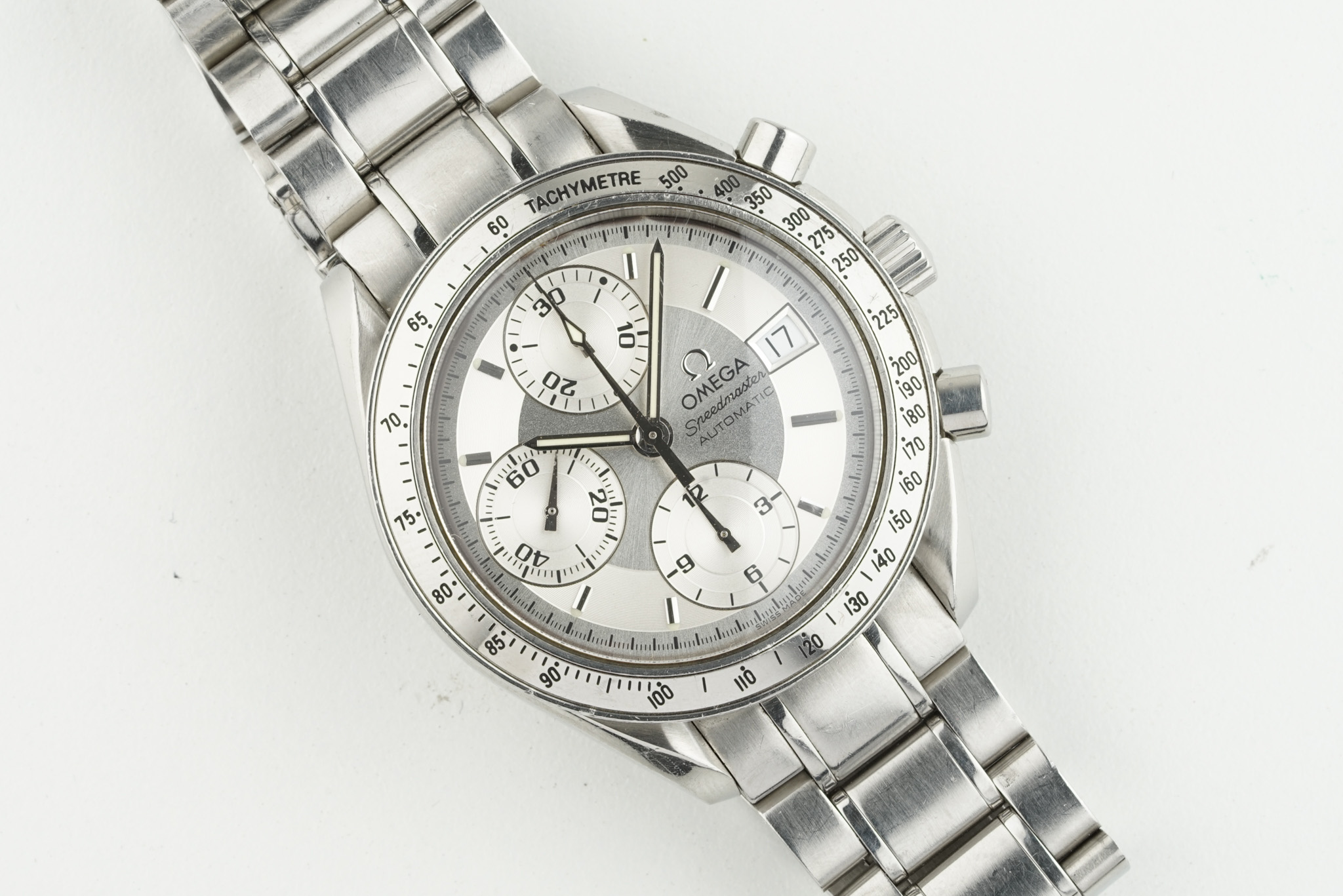OMEGA SPEEDMASTER DATE AUTOMATIC CHRONOGRAPH, circular silver dial with ...