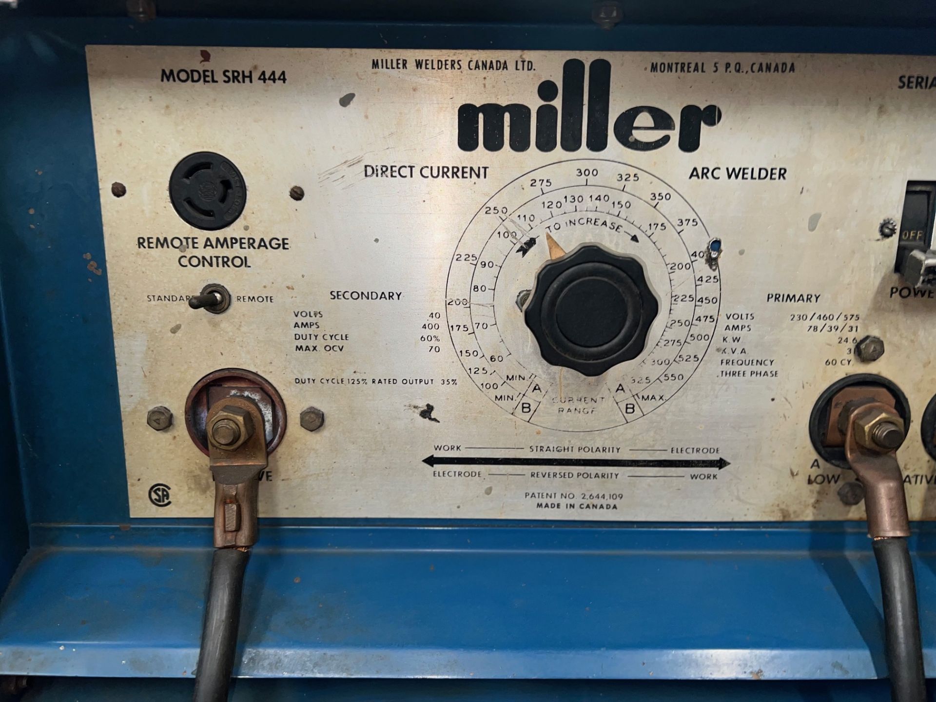 MILLER DC ARC WELDER, SRH 444, CABLES, HI/LOW AND STRAIGHT/REVERSE ...