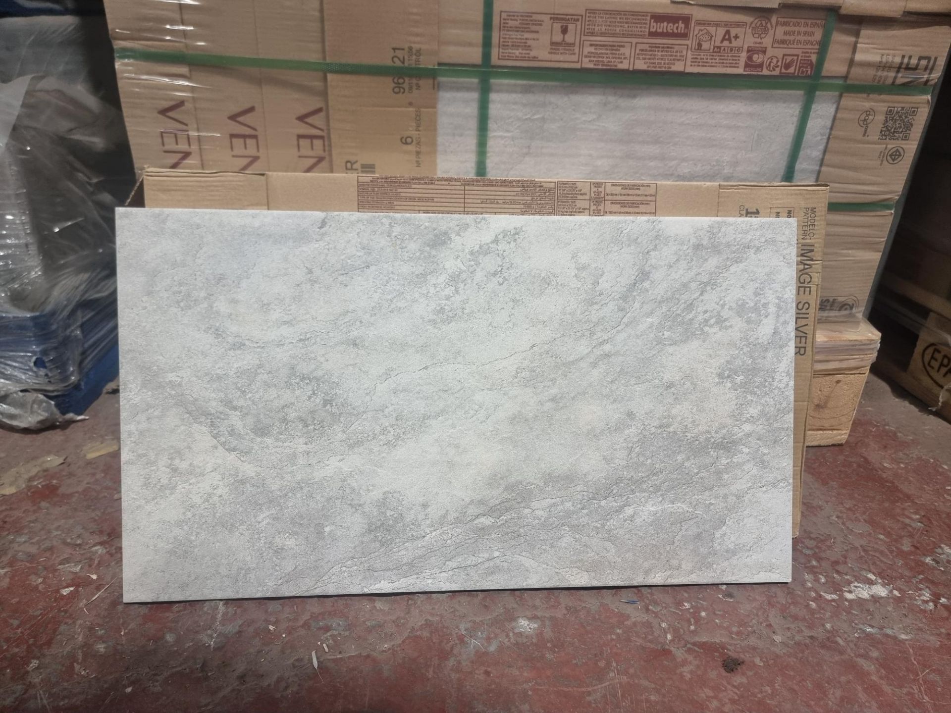 10 X BOXES OF PORCELANOSA IMAGE SILVER TILES. EACH TILE MEASURES ...