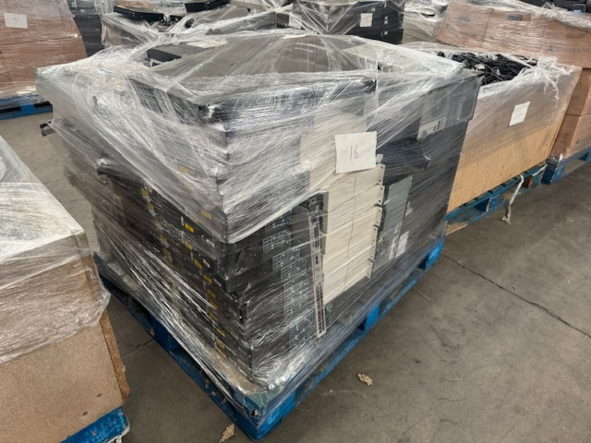IT PALLET LOT INCLUDING CISCO ROUTERS, LENOVO PC COMPUTERS, AMPLIFIERS ...