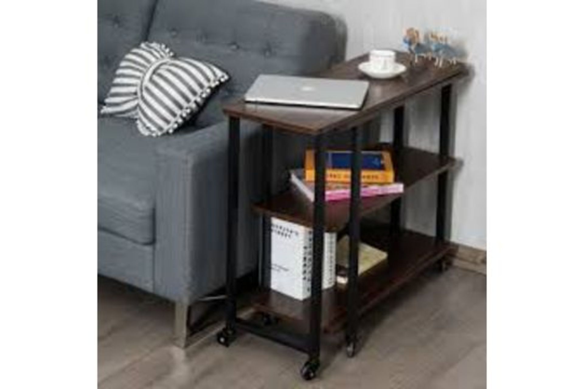 360¡ã Rotating Sofa Side Table with Storage Shelves & Wheels-Natural ...