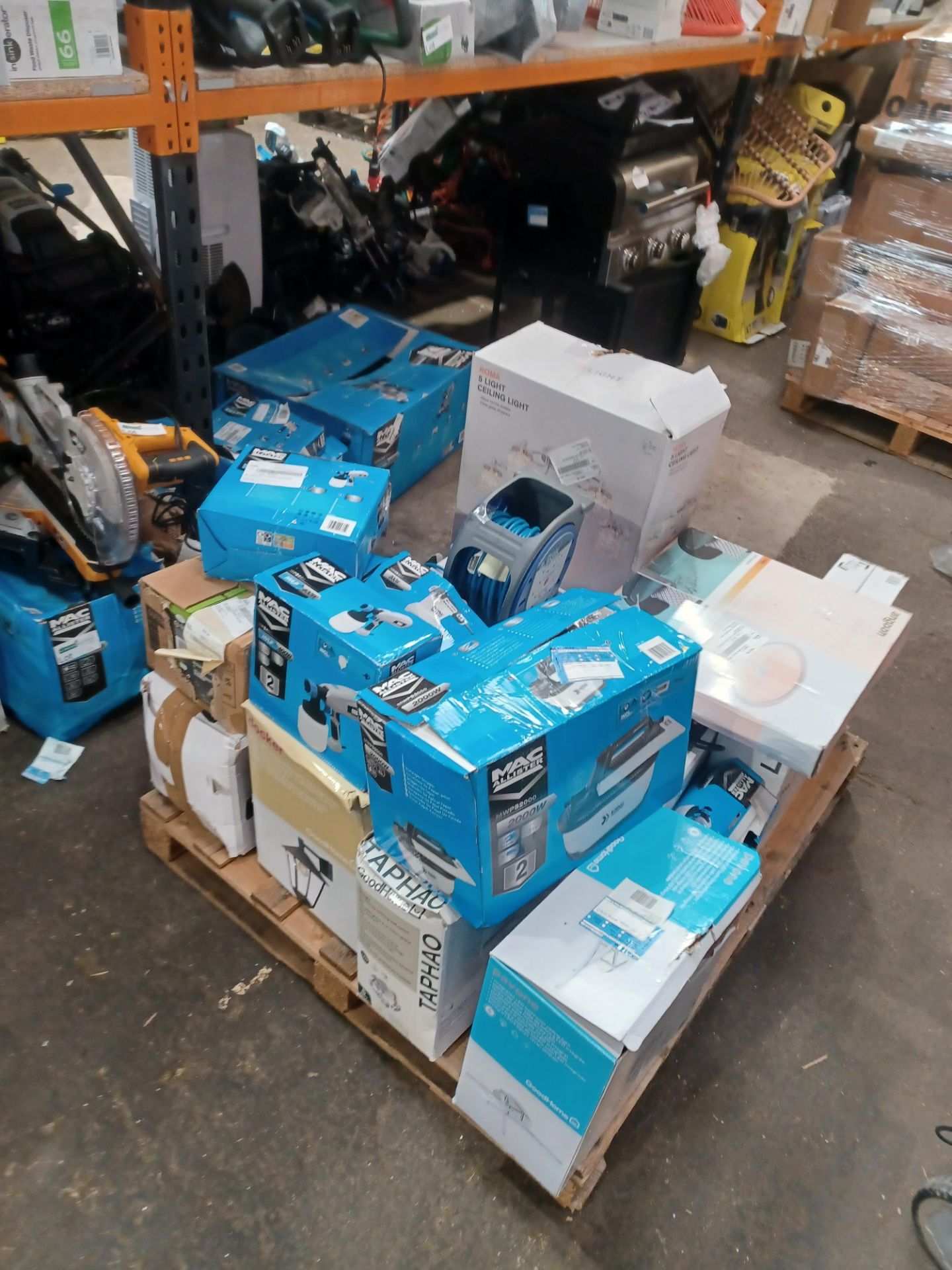 Pallet of Goods to include Mac Allister tools, Spray gun, Sanders, LED ...