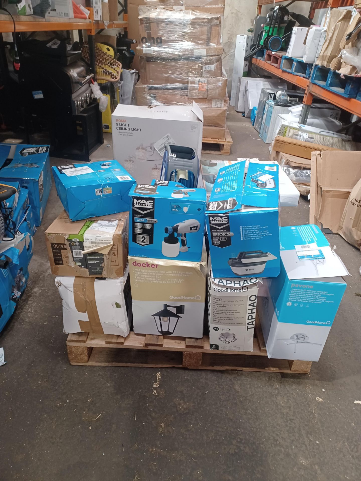 Pallet of Goods to include Mac Allister tools, Spray gun, Sanders, LED ...