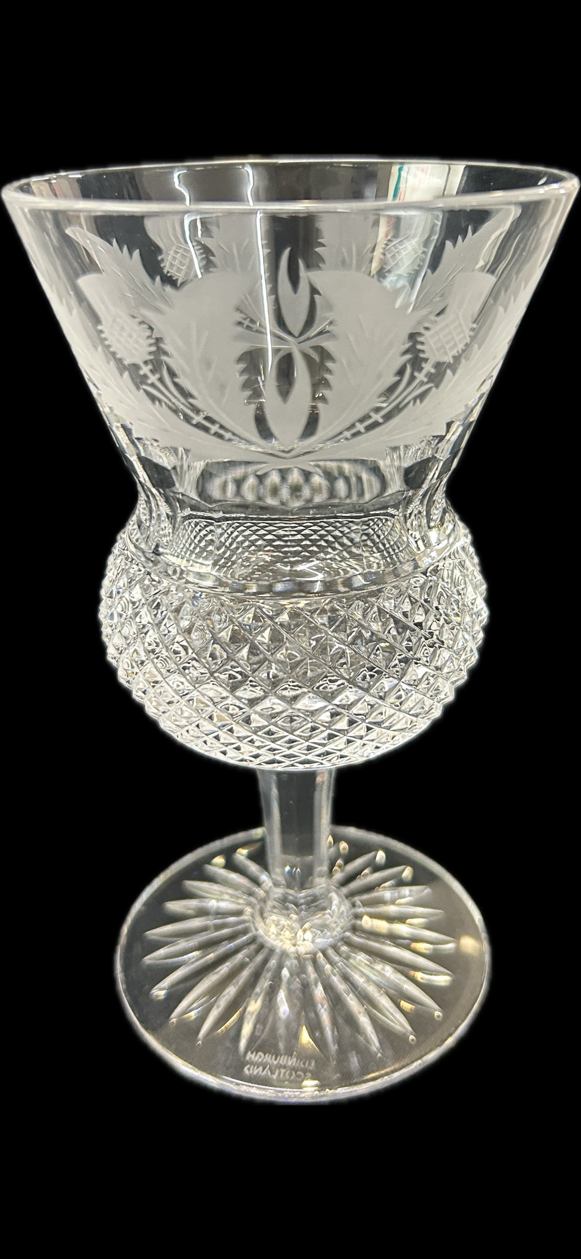 Set of 7 Edinburgh crystal wine goblets all engraved with thistles ...