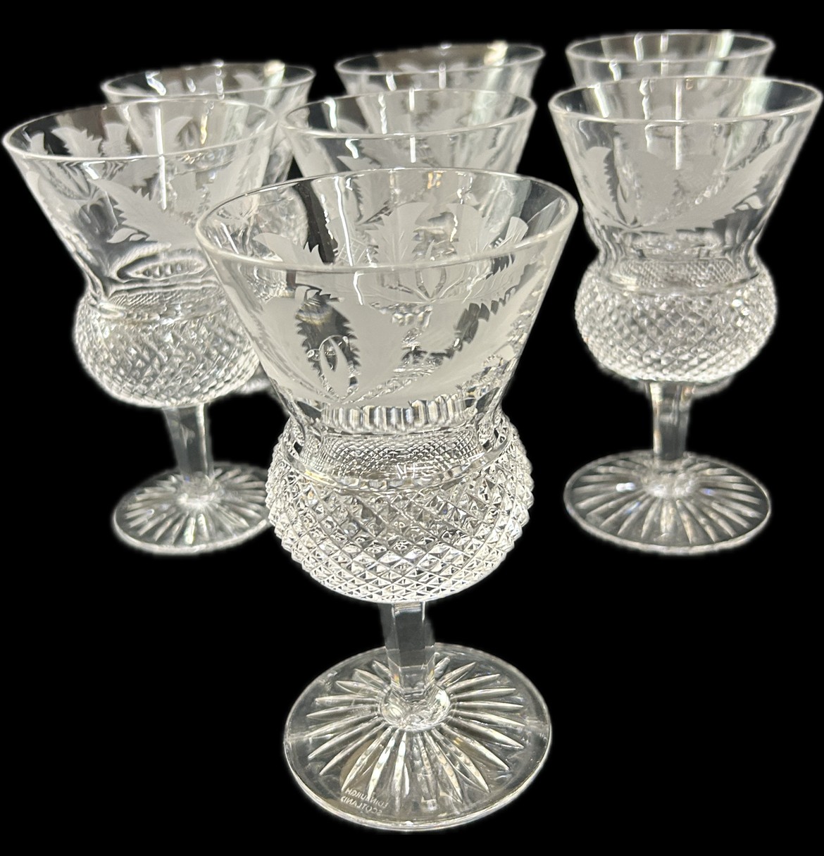 Set of 7 Edinburgh crystal wine goblets all engraved with thistles ...