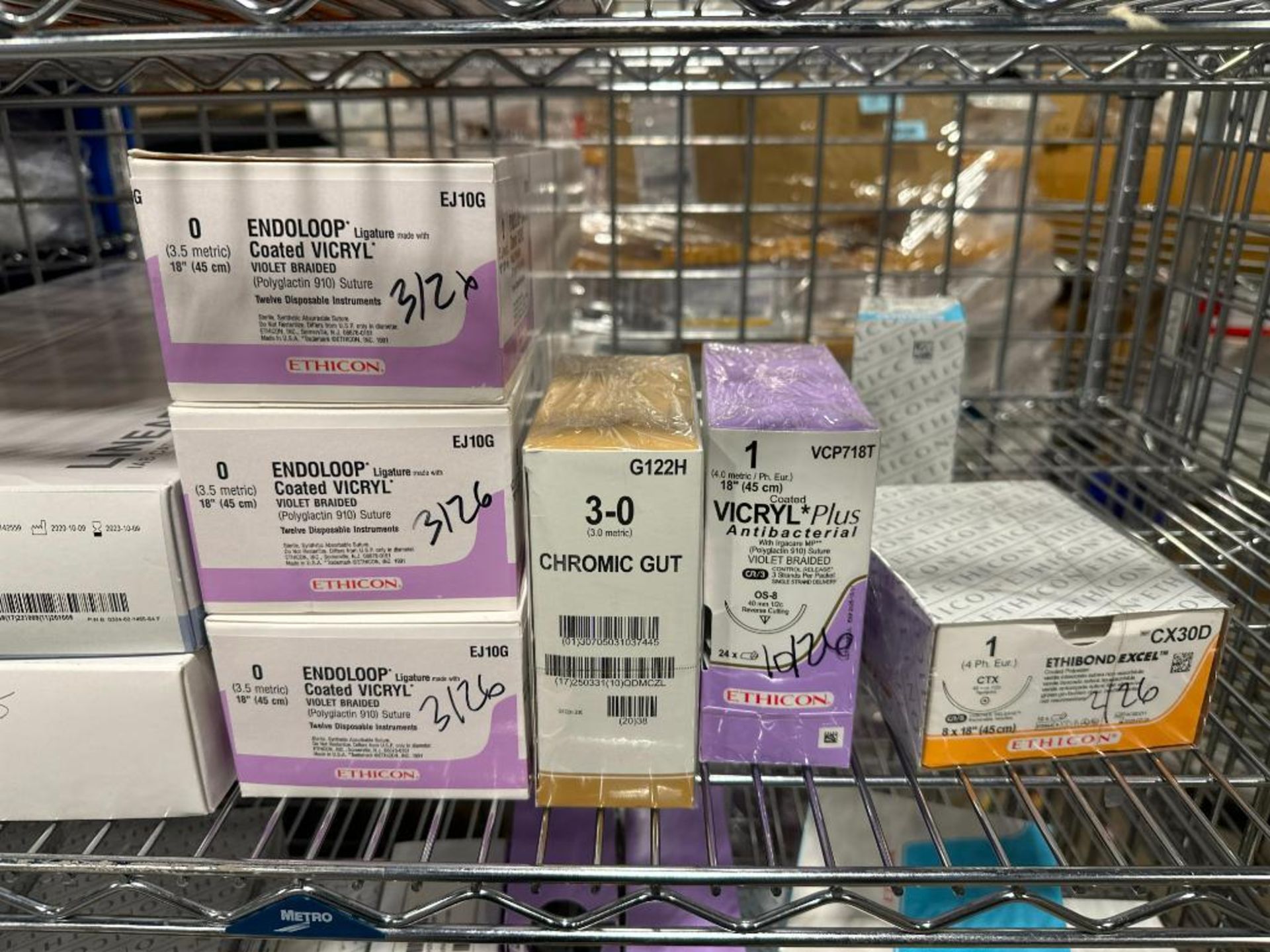 SHELF OF ETHICON SUTURE AS PICTURED, LINEAR CATHETERS IN BOX, ENTIRE ...