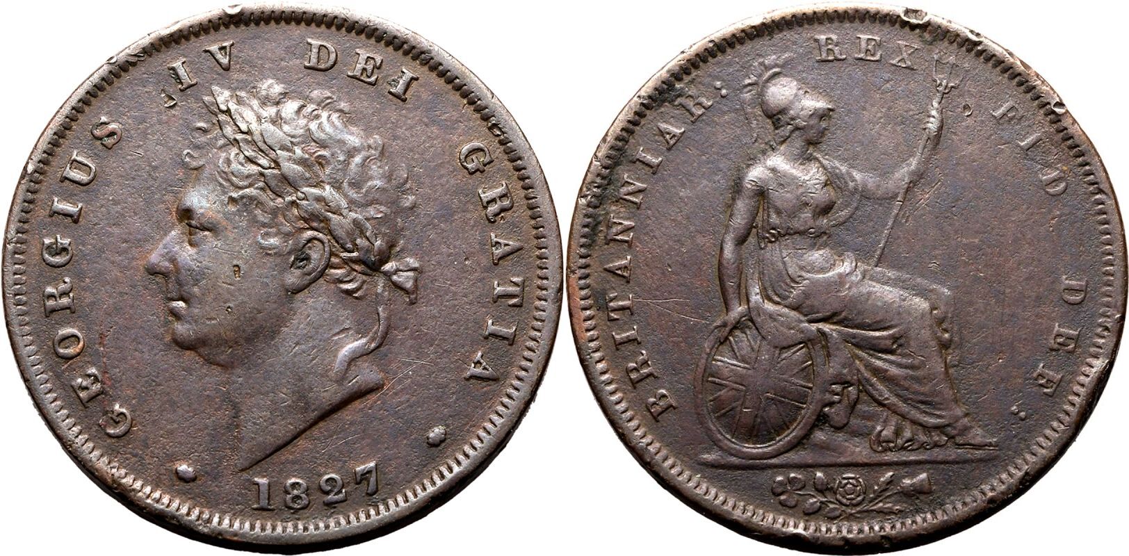 UNITED KINGDOM. George IV, 1820-30. Copper penny, 1827. Royal Mint ...