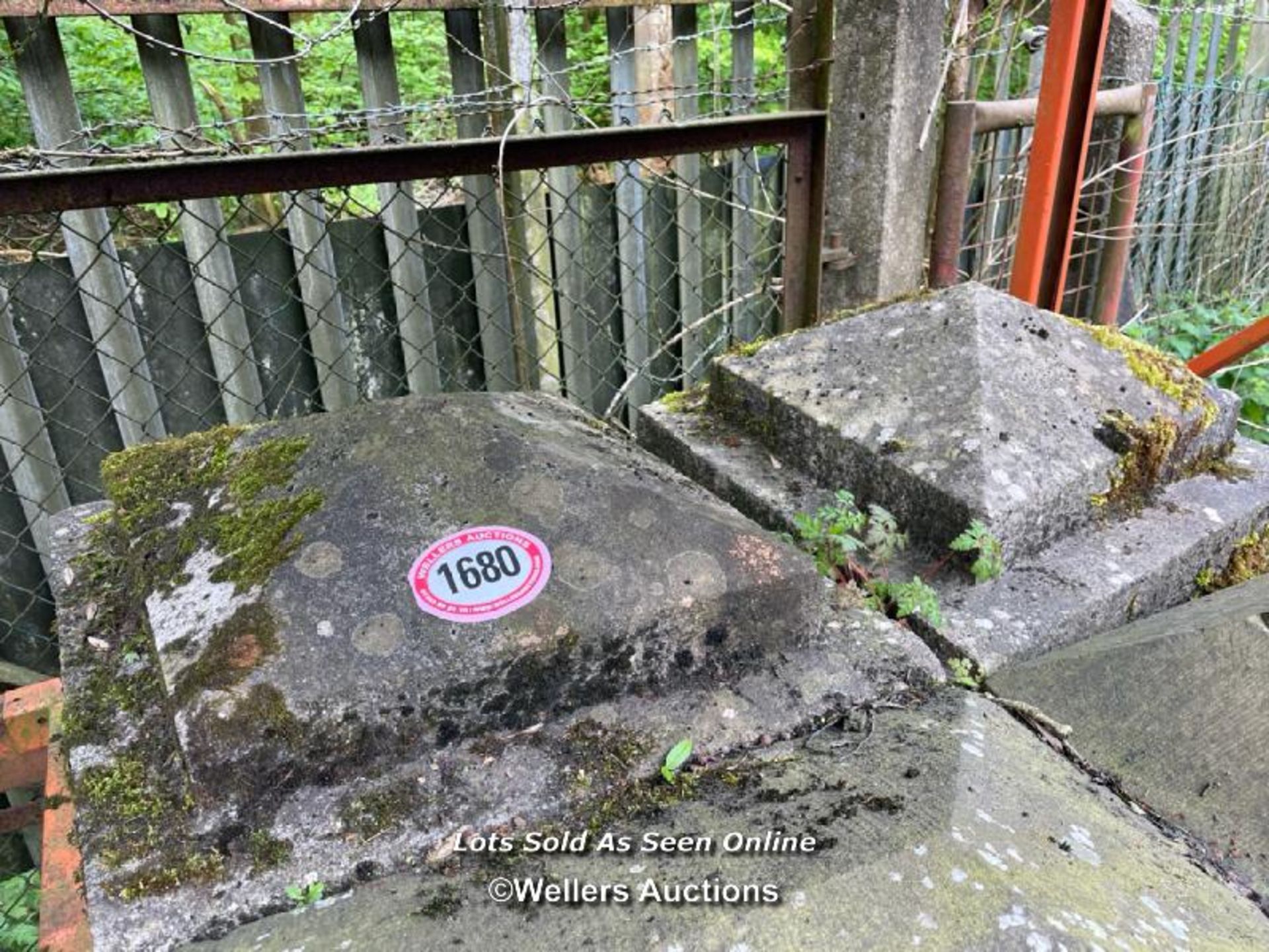 *A PAIR OF STONE PIER CAPS IN PYRAMID FORM, 28CM (H) X 64CM (L) X 61CM (W)